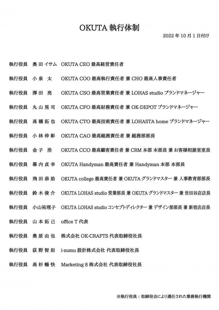 2022年10月1日からの新経営体制および新執行体制のお知らせ | 株式会社OKUTA 代表取締役会長 奥田 イサム Blog